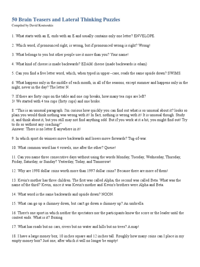 50 Brain Teasers and Lateral Thinking Puzzles | PDF | Leisure