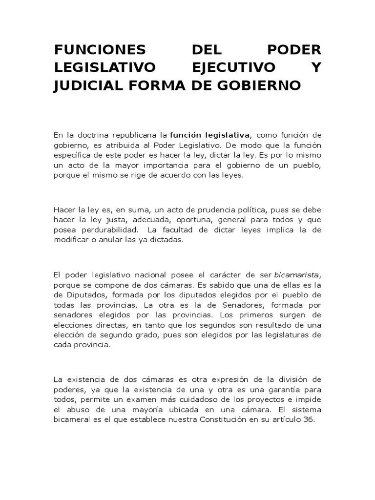 Funciones Del Poder Legislativo Ejecutivo y Judicial Forma de Gobierno ...