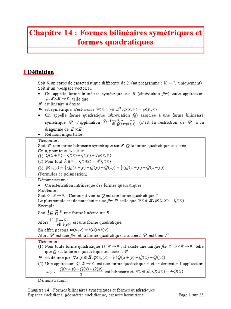 14 Formes Bilinéaires Symétriques Et Formes Quadratiques | PDF | Espace euclidien | Valeur ...
