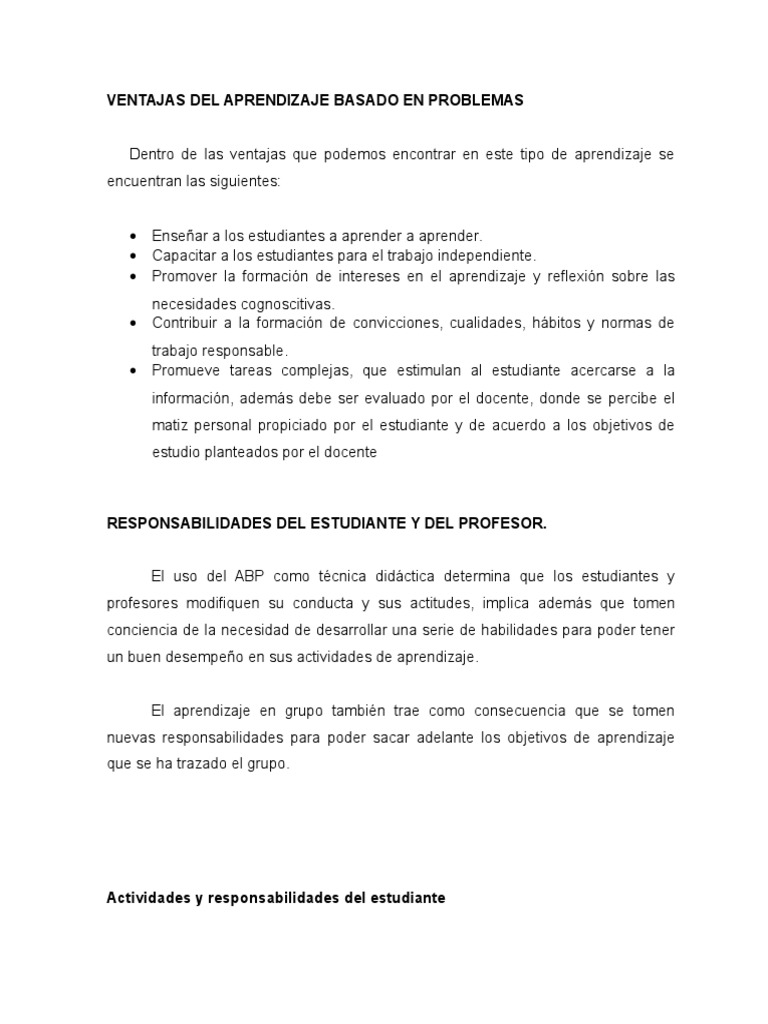 Ventajas De Abp Y Responsabilidad Del Docente Y Estudiante Pdf
