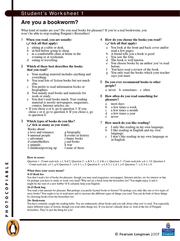 Are You A Bookworm?: Student's Worksheet 1 | PDF | Leisure