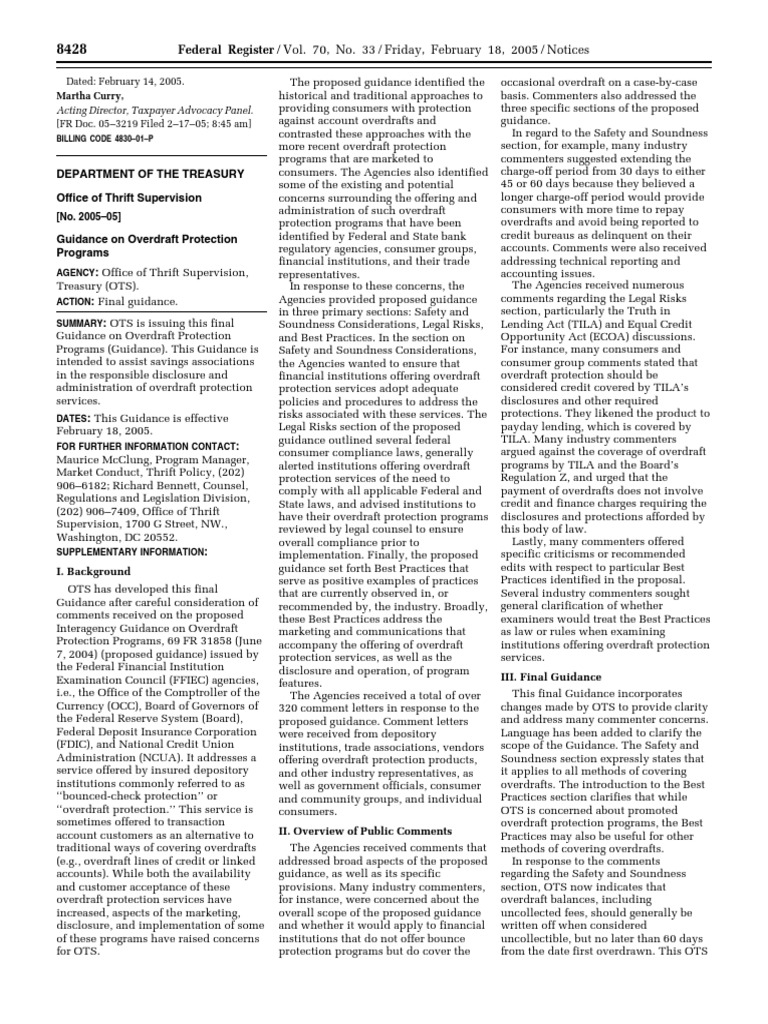 Notice: Reports and Guidance Documents Availability, Etc.: Overdraft ...