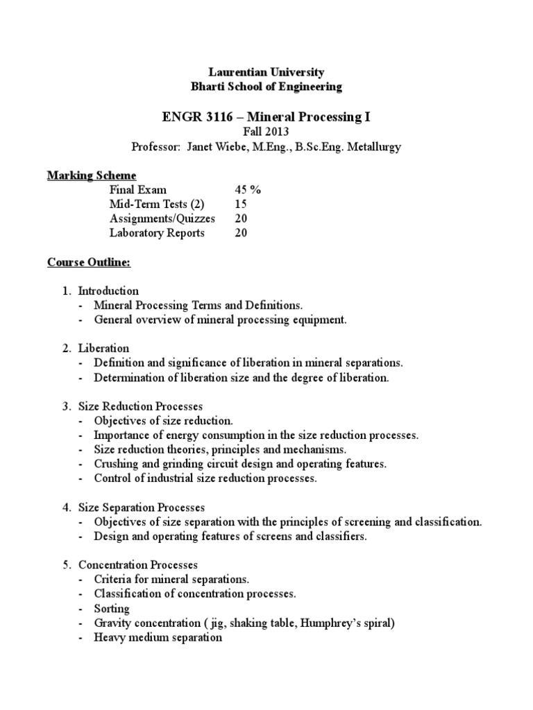 Mineral Processing I Course Outline | PDF | Industrial Processes ...