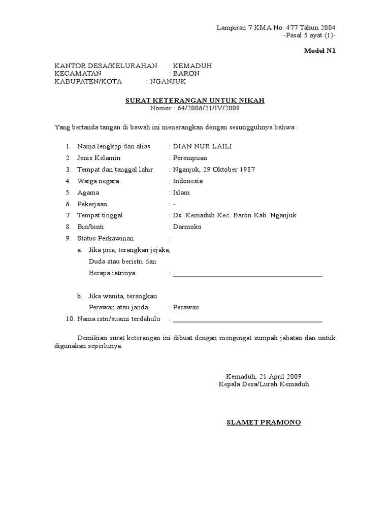 SURAT Untuk Nikah N1, N2, N3, N4 | PDF
