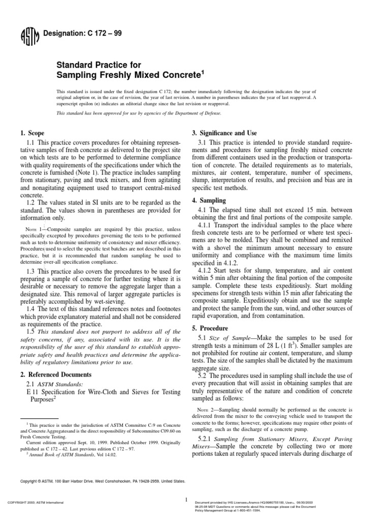 Astm C172-99 Sampling Freshly Mix Concrete PDF | PDF | Concrete ...