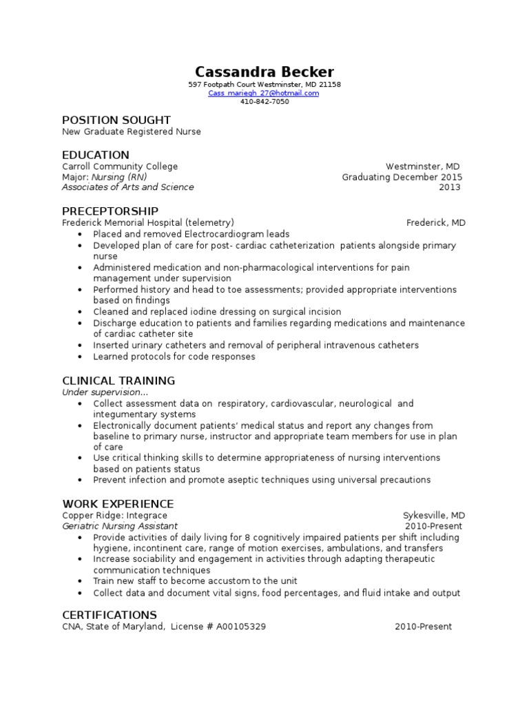 New Graduate RN Resume: Cassandra Becker | PDF