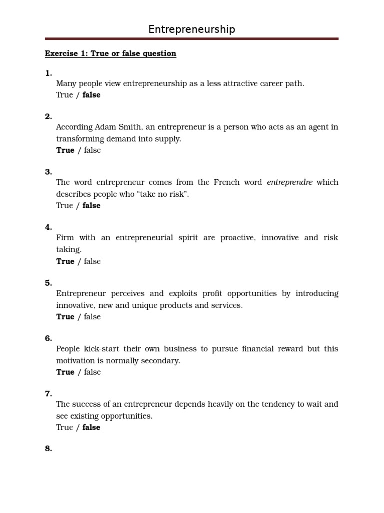 Exercise 1 True False | PDF | Business | Finance & Money Management