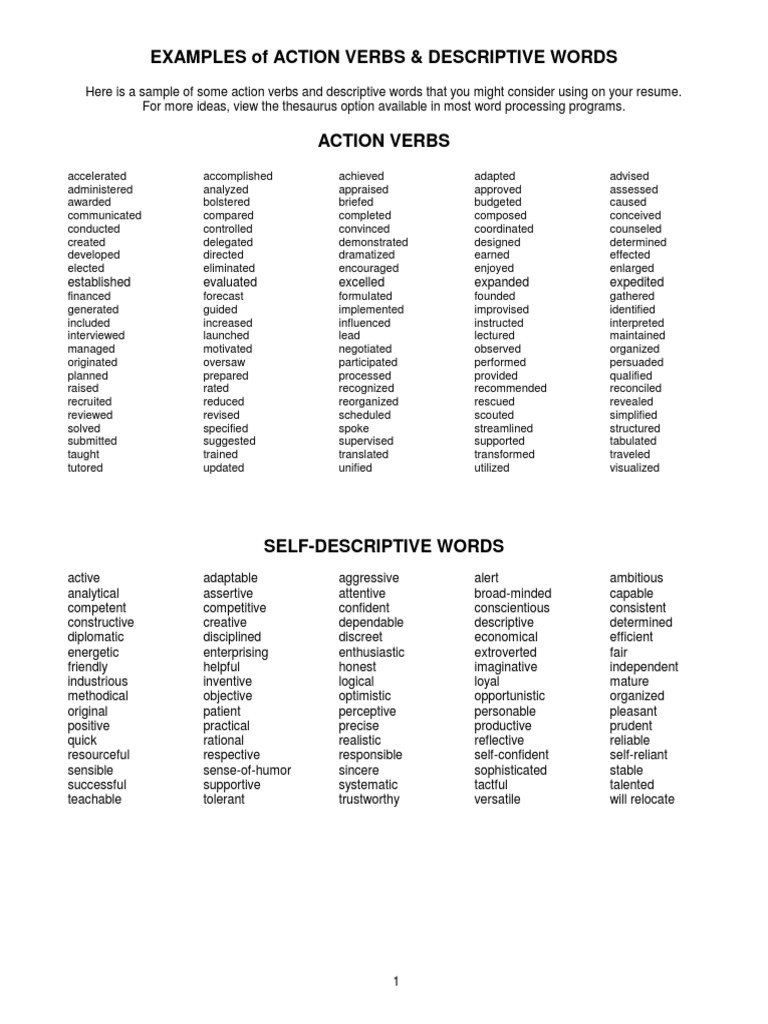 ActionVerbs DescriptiveWords | PDF