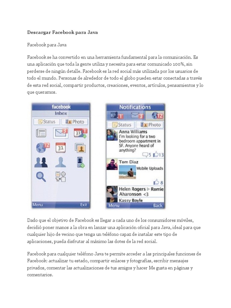Facebook Java: Descarga y Funciones | PDF | Facebook | Servicio de ...