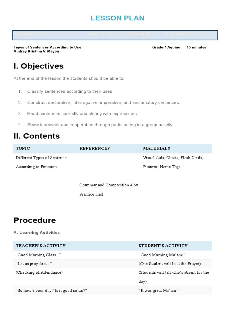 Sample Detailed Lesson Plan in English | PDF | Question | Lesson Plan