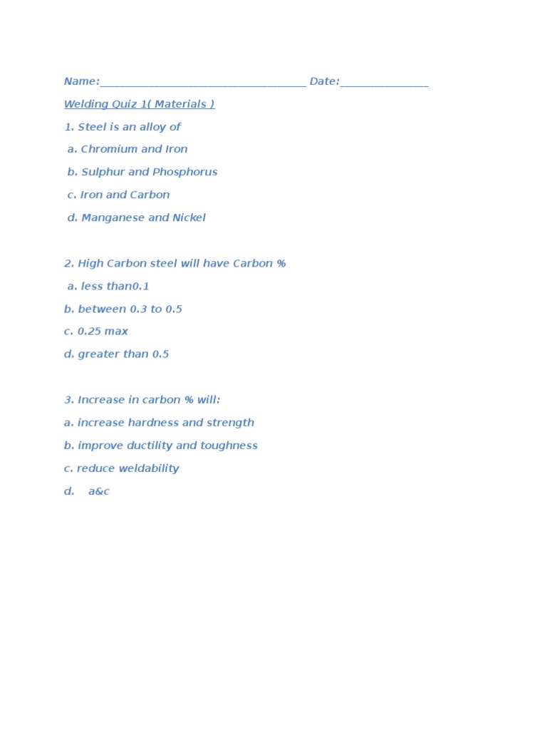 Welding Quiz 1 | PDF | Annealing (Metallurgy) | Steel