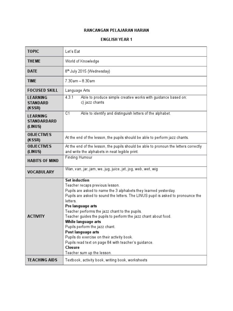 Contoh Rancangan Pengajaran Harian (RPH) | PDF | Phoneme | Vocabulary