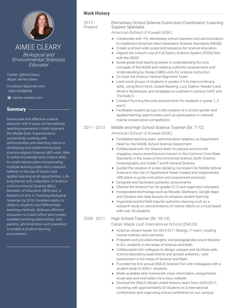 Aimee Cleary: Science Educator Profile | PDF | Educational Assessment ...