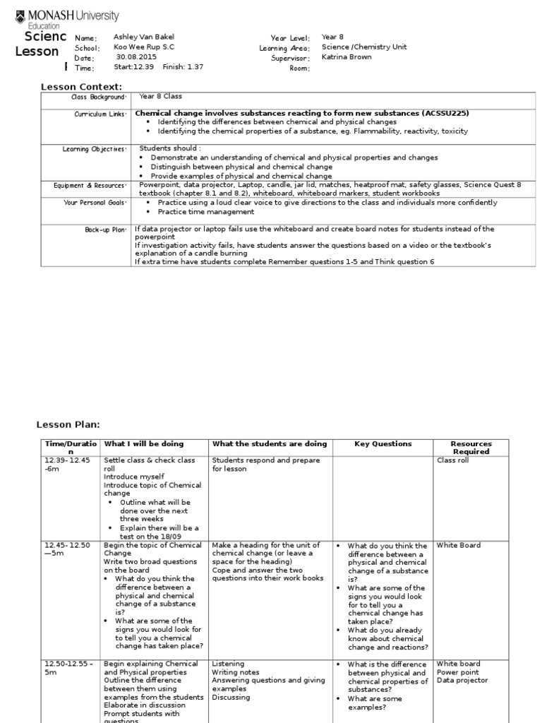 Year8 Chemical Change Lesson Plan 1 | PDF | Educational Technology ...