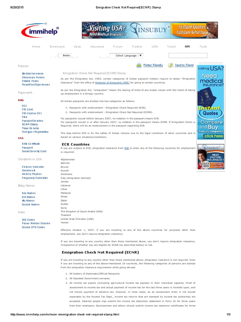 Emigration Check Not Required (ECNR) Stamp | PDF | Passport | Travel Visa