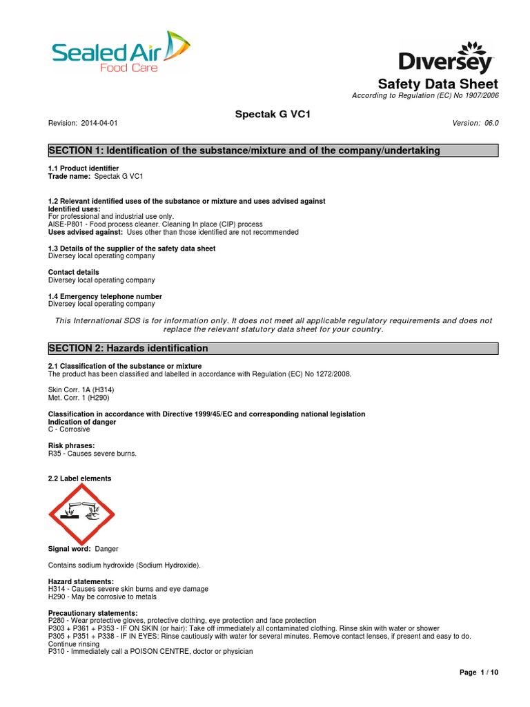 Spectak G VC1 - 01-04-2014-EN | PDF | Toxicity | Dangerous Goods