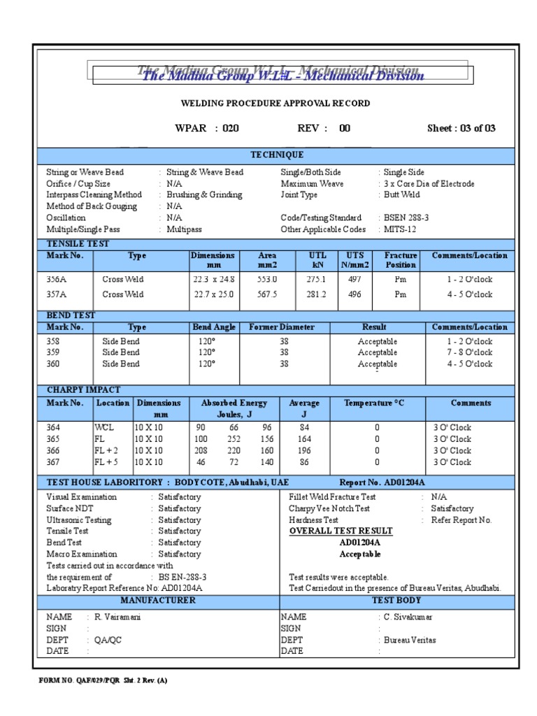Welding Procedure Approval Record for Manual Shielded Metal Arc Welding ...