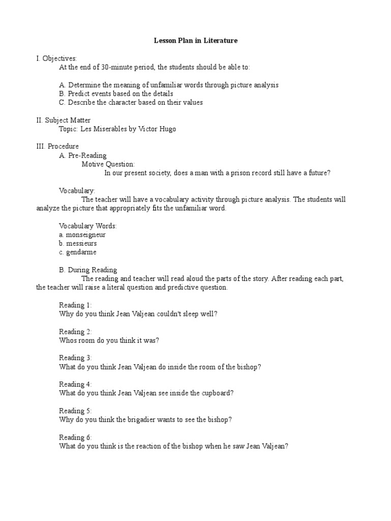 Literature Lesson Plan | PDF | Les Misérables