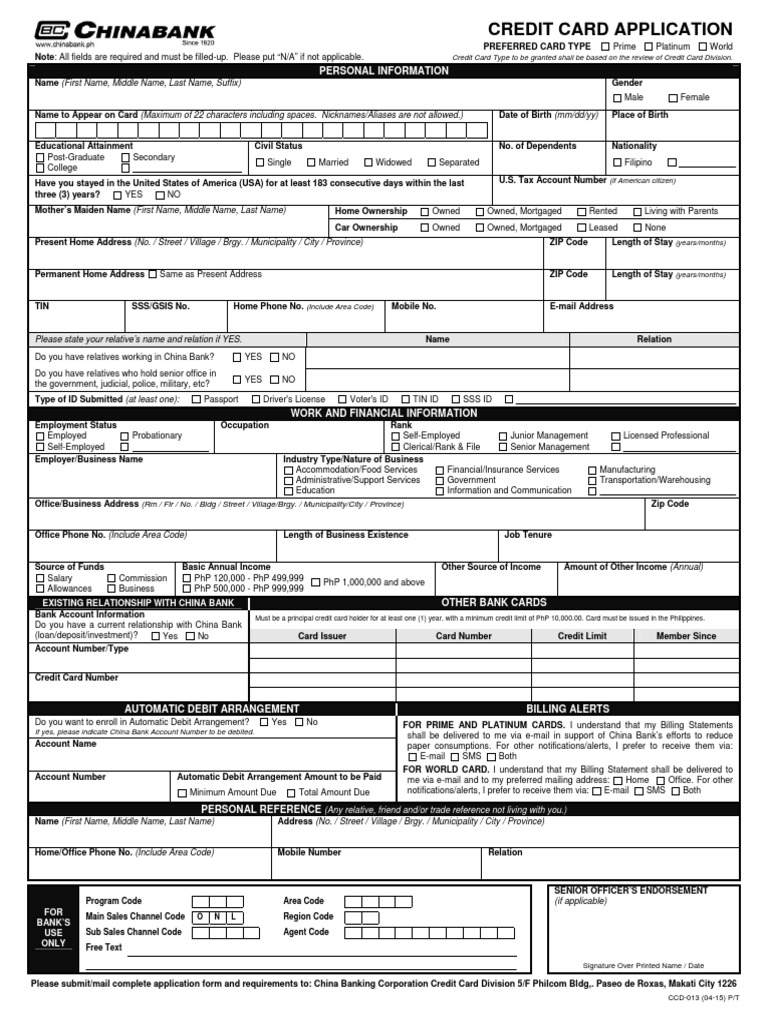 CHINABANK Credit Card Application Public Supplementary Saveable | PDF