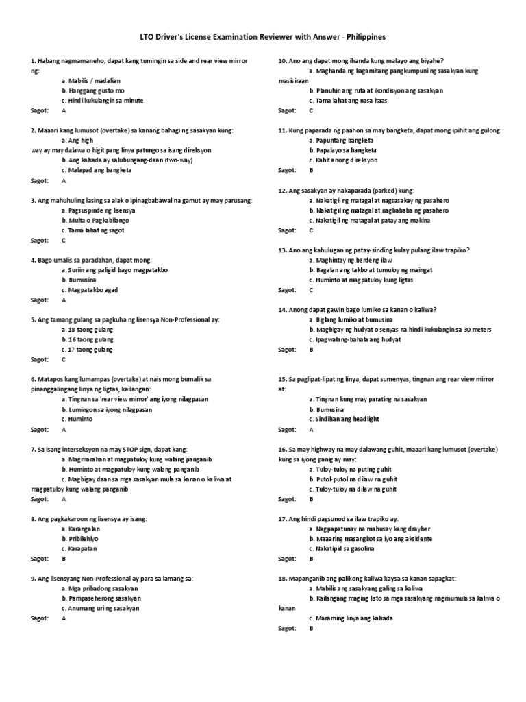 LTO Drivers License Exam Reviewer With Answer | PDF