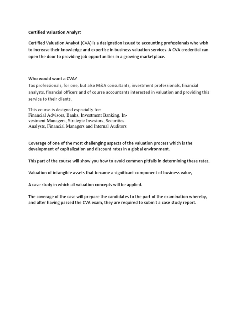 Certified Valuation Analyst Course Overview | PDF | Career & Growth