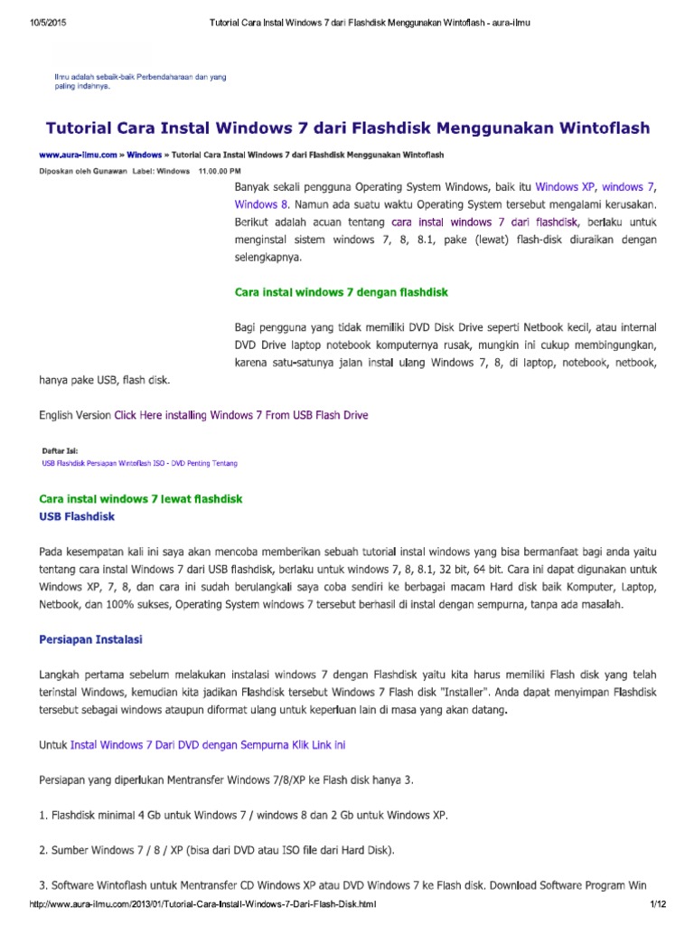 Tutorial Cara Instal Windows 7 Dari Flashdisk Menggunakan Wintoflash - Aura-Ilmu | PDF