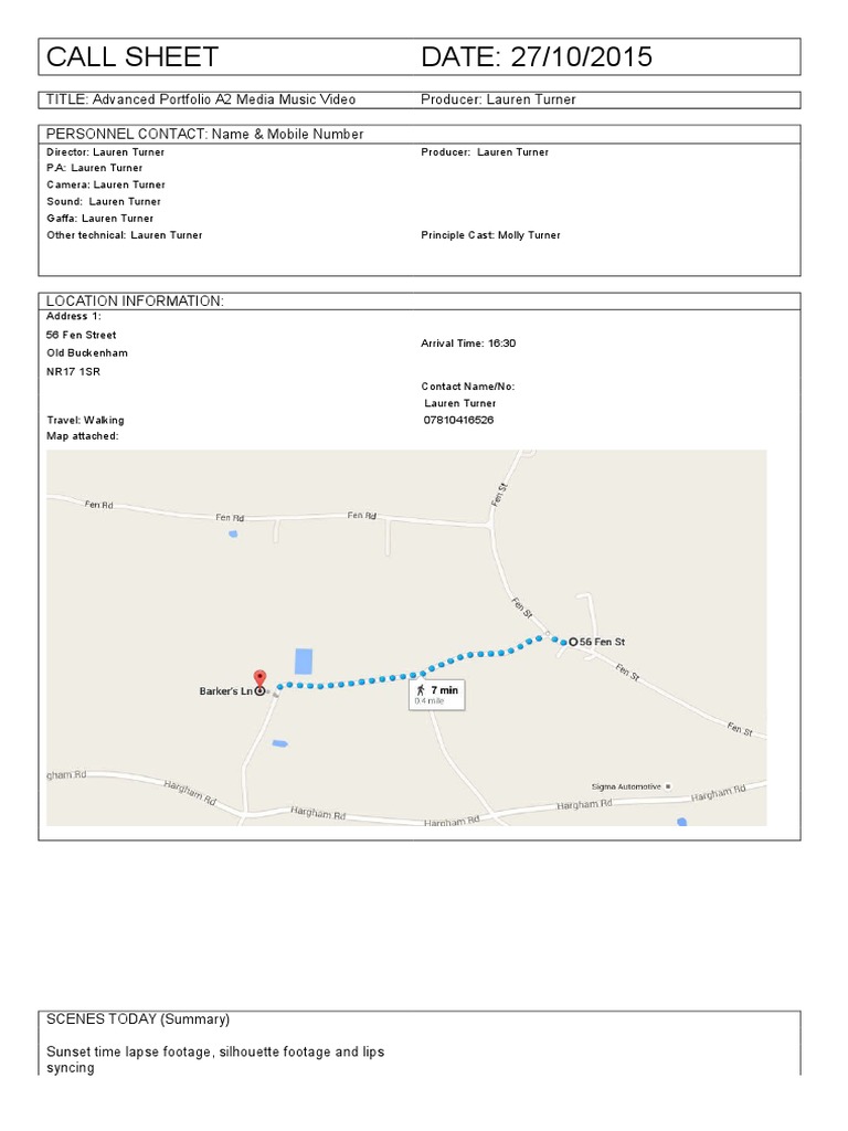 A2 Media Music Video Call Sheet | PDF