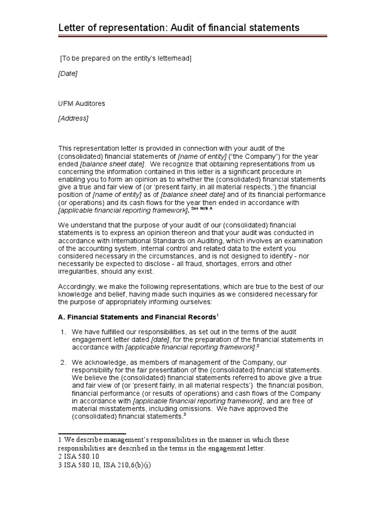 Letter of Representation - Audit of Financial Statements | PDF ...