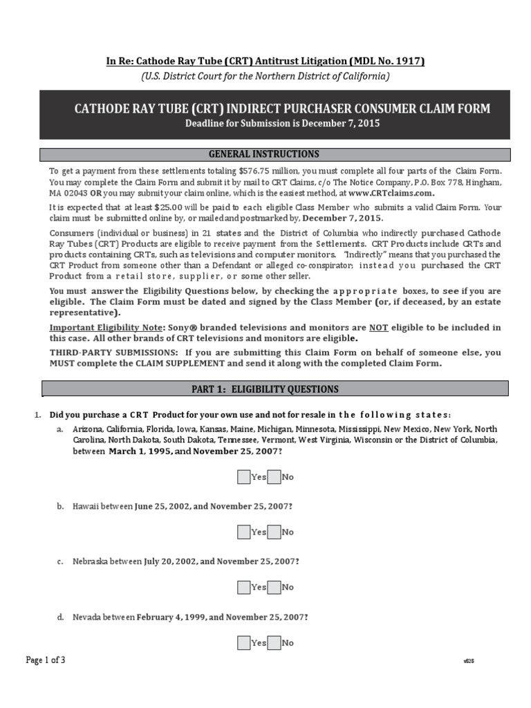 CRT Claim Form Final | PDF | Computer Monitor | Class Action