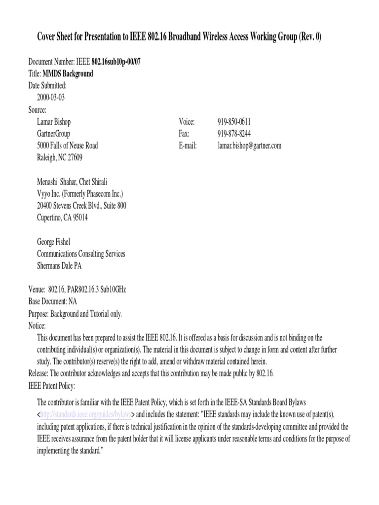 Cover Sheet For Presentation To IEEE 802.16 Broadband Wireless Access ...