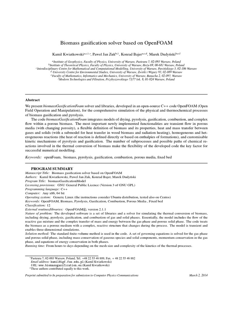 Biomass Gasification Solver Based On OpenFOAM (Foam - Rev1 - 0) PDF | PDF | Porosity | Gasification