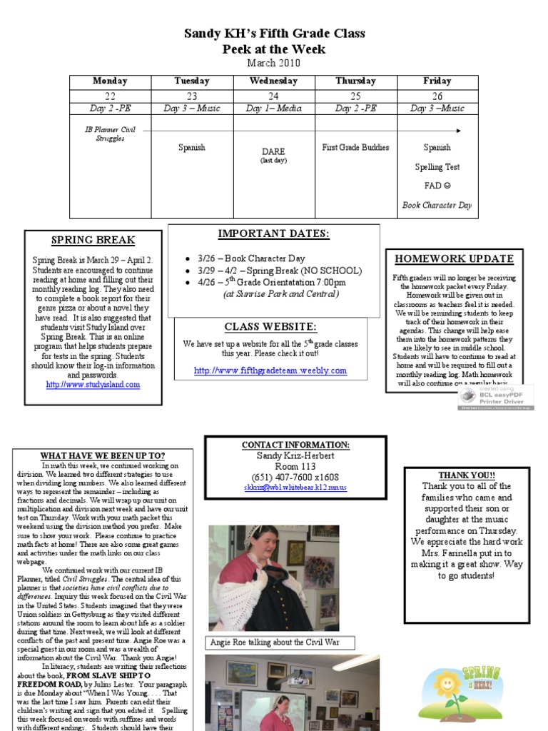 Fifth Grade Weekly Update: March 2010 | PDF | Homework | Teaching