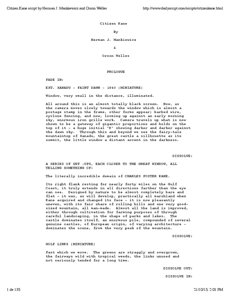 Citizen Kane Script by Herman J. Mankiewicz and Orson Welles PDF | PDF ... Citizen Kane Script by Herman J. Mankiewicz and Orson Welles PDF | PDF ...