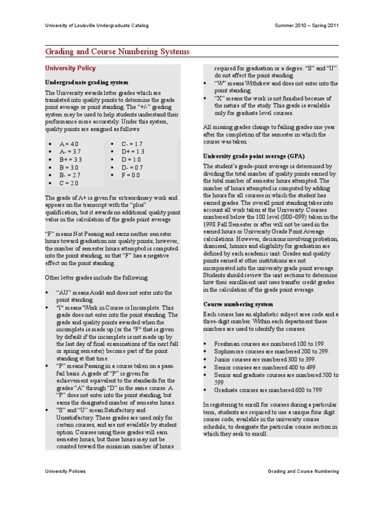 UofL Grading & Course Numbering Guide | PDF