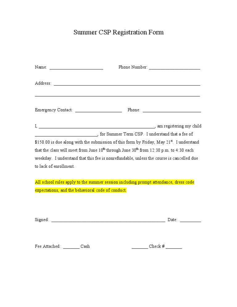 Summer CSP Registration Form | PDF