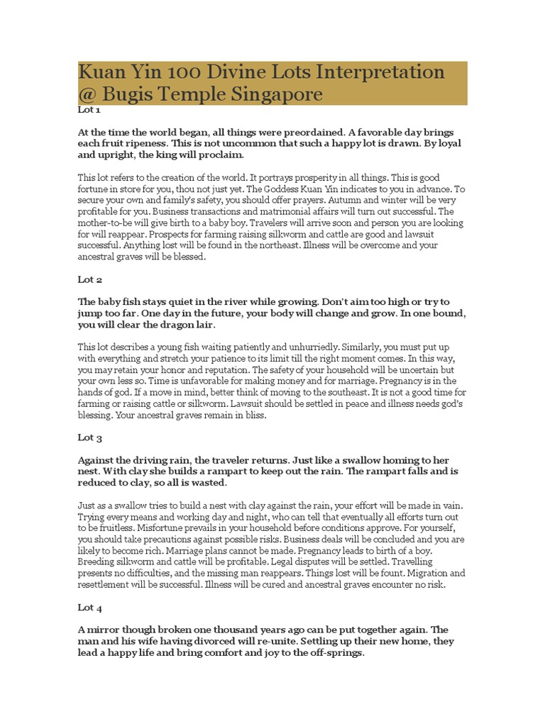 Kuan Yin 100 Divine Lots Interpretation | PDF | Heaven | Prayer