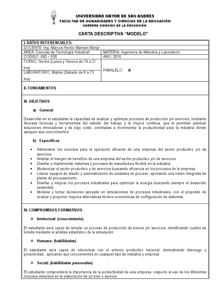 Carta Descriptiva - Modelo | PDF | Simulación | Diseño