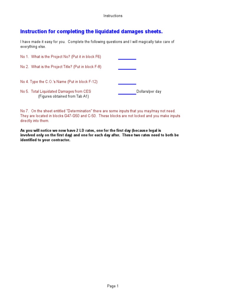 LD Worksheet | Liquidated Damages | Damages
