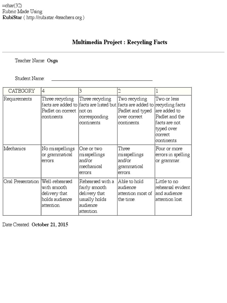 Recycling Facts Multimedia Project Rubric | PDF