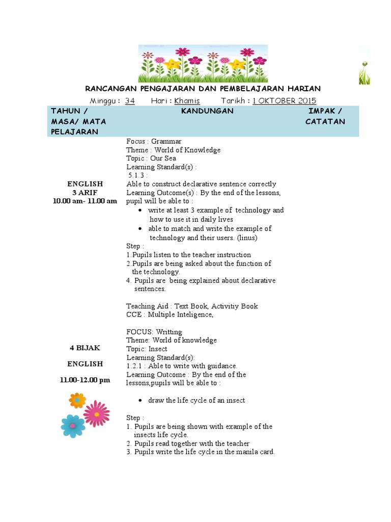 Rancangan Pengajaran Dan Pembelajaran Harian | PDF | English Language ...