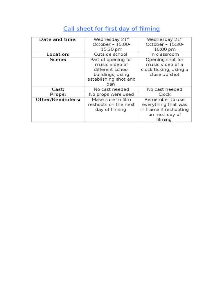 Call Sheet For First Day of Filming | PDF