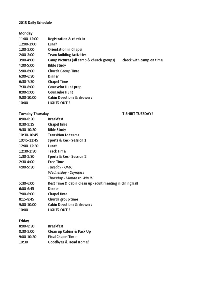2015 Camp Daily Schedule | PDF