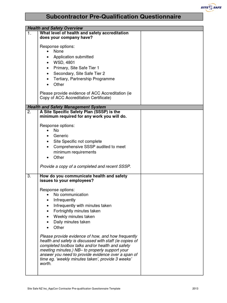 SSNZ - AppCon Contractor Prequal Questionnaire Help Template - 2013 ...