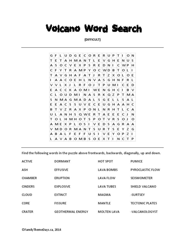 Volcano Word Search: (Difficult) | PDF
