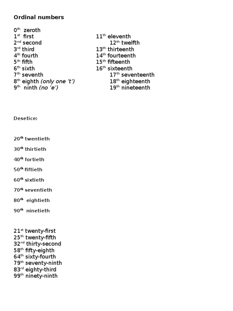 Ordinal Numbers from 0 to 99 | PDF