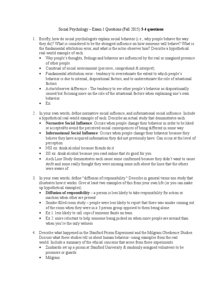 Social Psychology - Exam 1 Questions Fall 2015 | PDF | Heuristics In ...