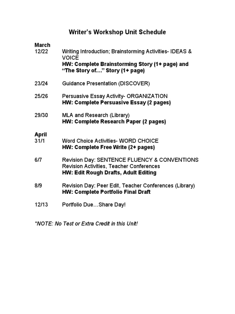 Writer's Workshop Unit Schedule: NOTE: No Test or Extra Credit in This ...