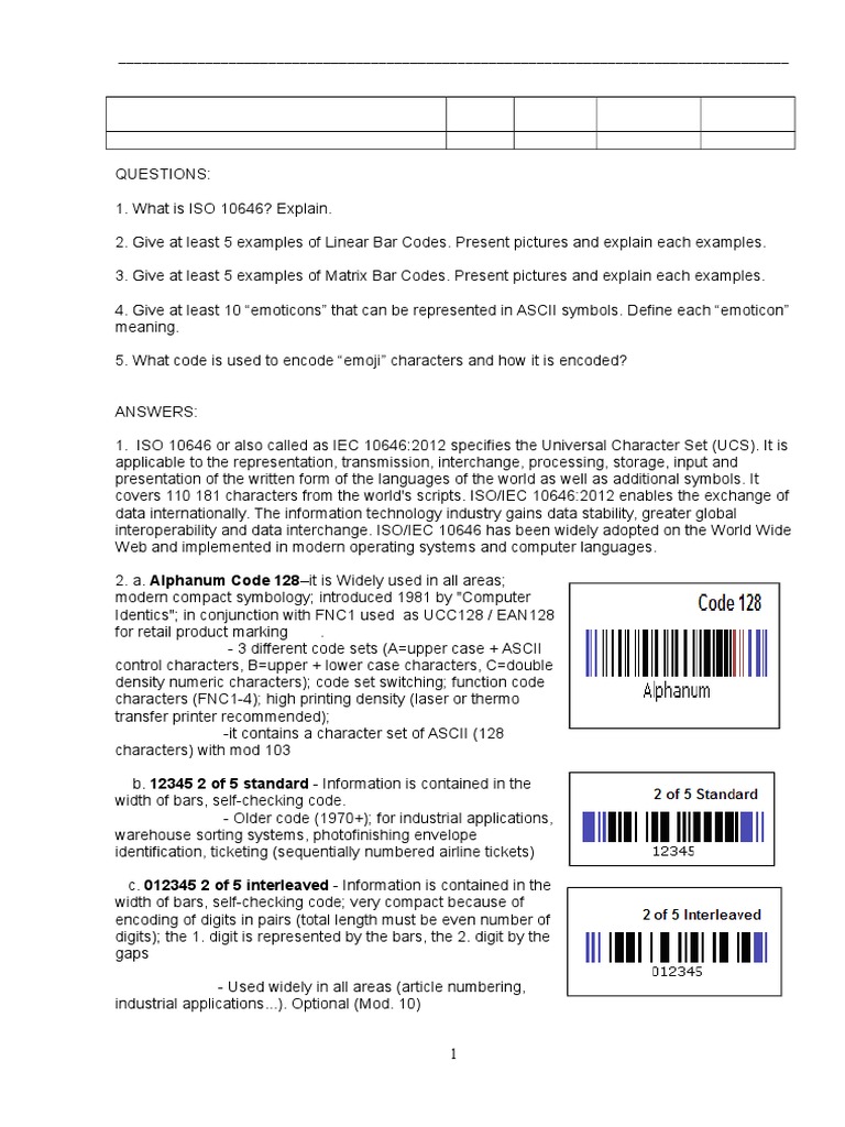 ISO 10646, Linear & Matrix Barcodes, Emoticons & Emoji Encoding | PDF | Ascii | Barcode