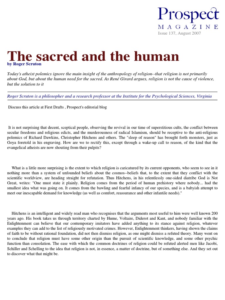 Roger Scruton The Sacred and The Human | PDF | René Girard | Sacrifice
