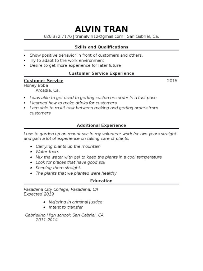 Boba Barista Resume of Alvin Tran | PDF | Career & Growth | Business